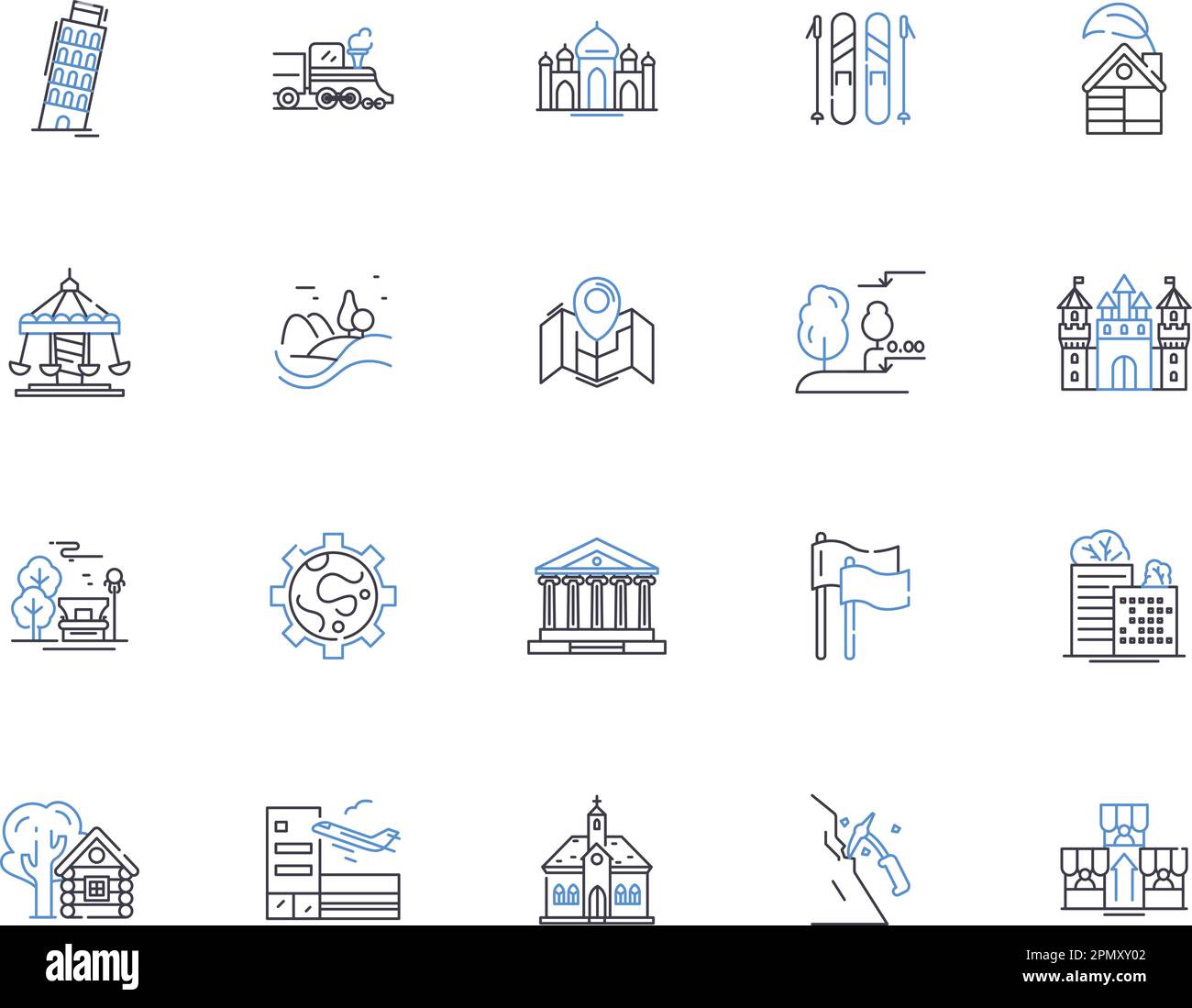 World travel outline icons collection. tourism, journey, trips ...