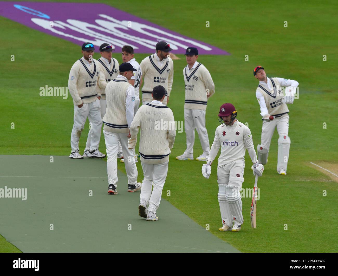 NORTHAMPTON, ENGLAND - April 15 2023 : Middlesex celebrates while Lewis ...