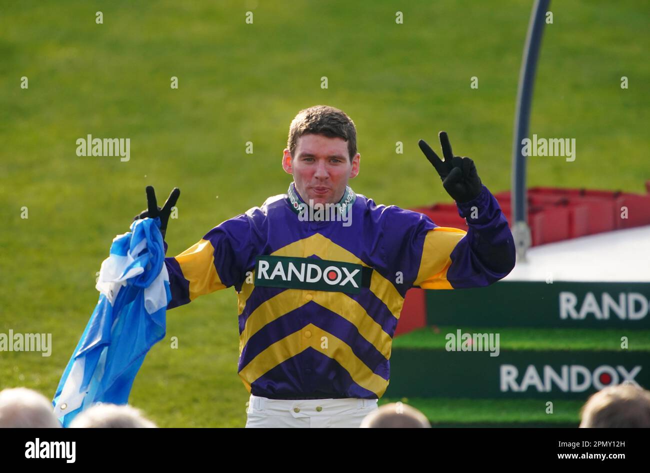 Derek Fox celebrates after winning the Randox Grand National Handicap ...