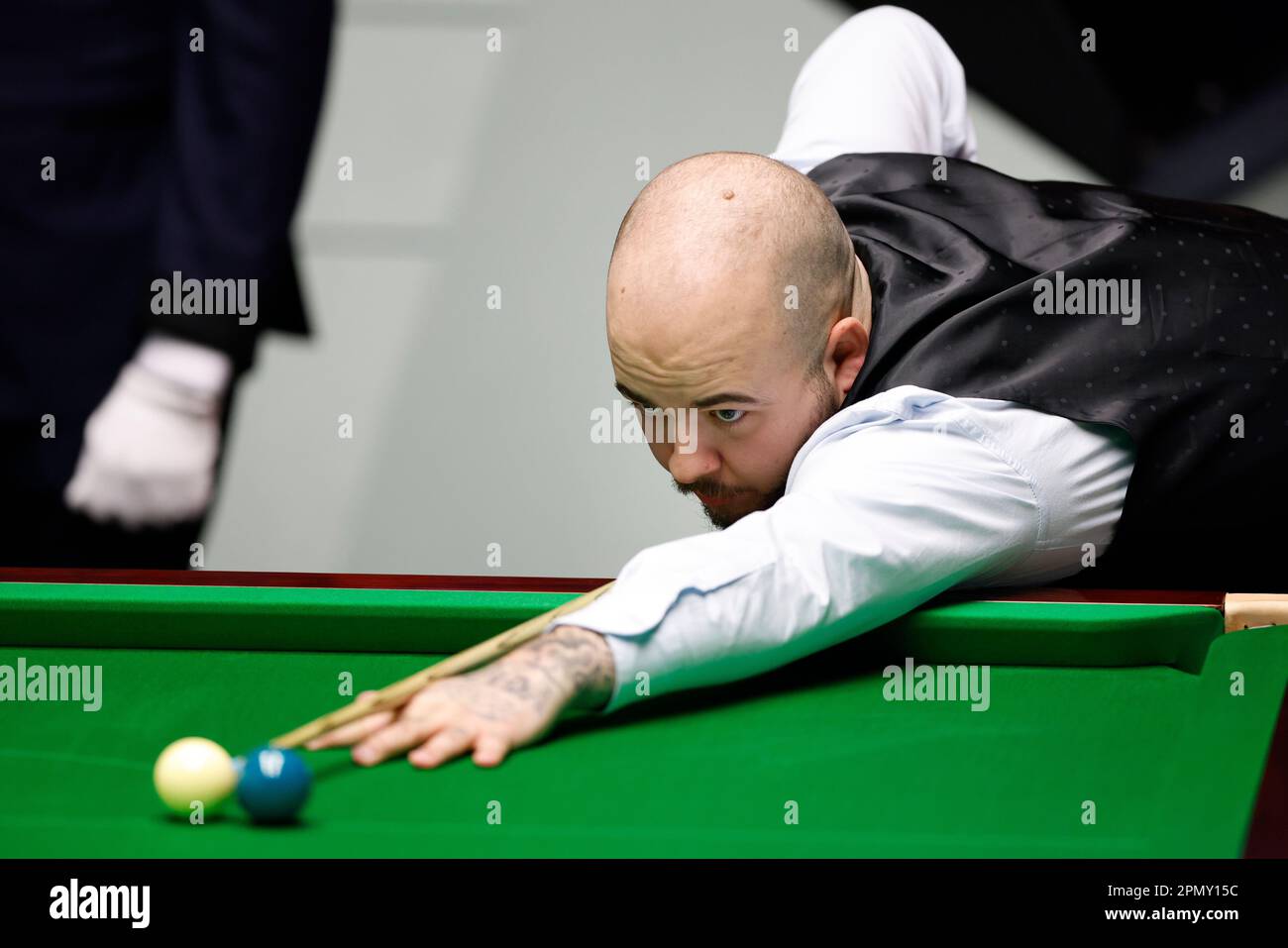 Luca Brecel at the table during day one of the Cazoo World Snooker ...