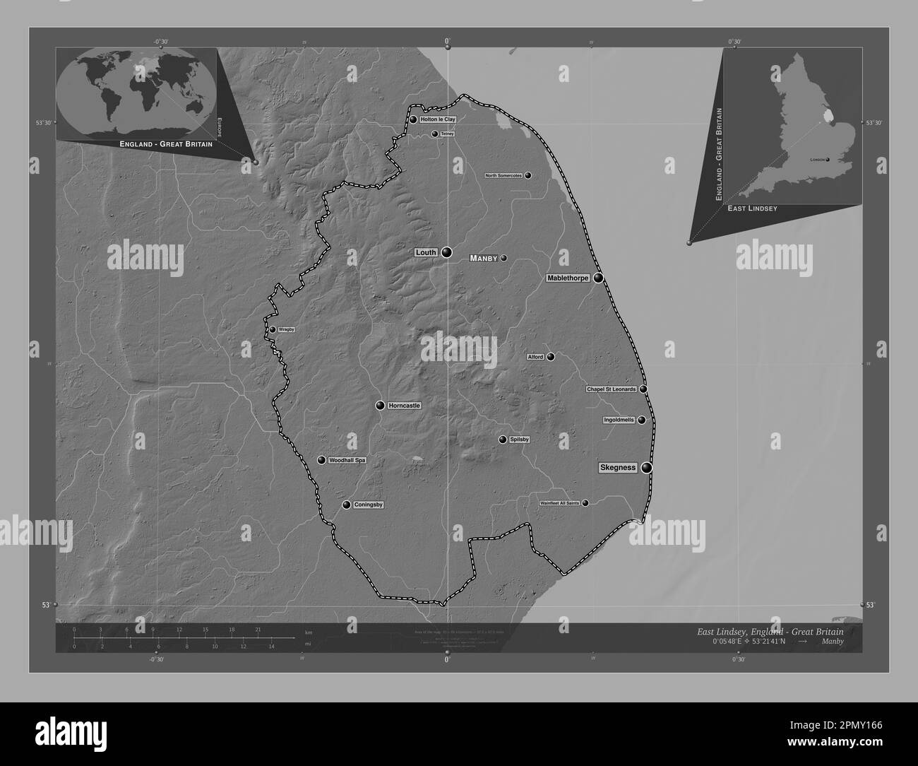 East Lindsey, non metropolitan district of England - Great Britain. Bilevel elevation map with ...