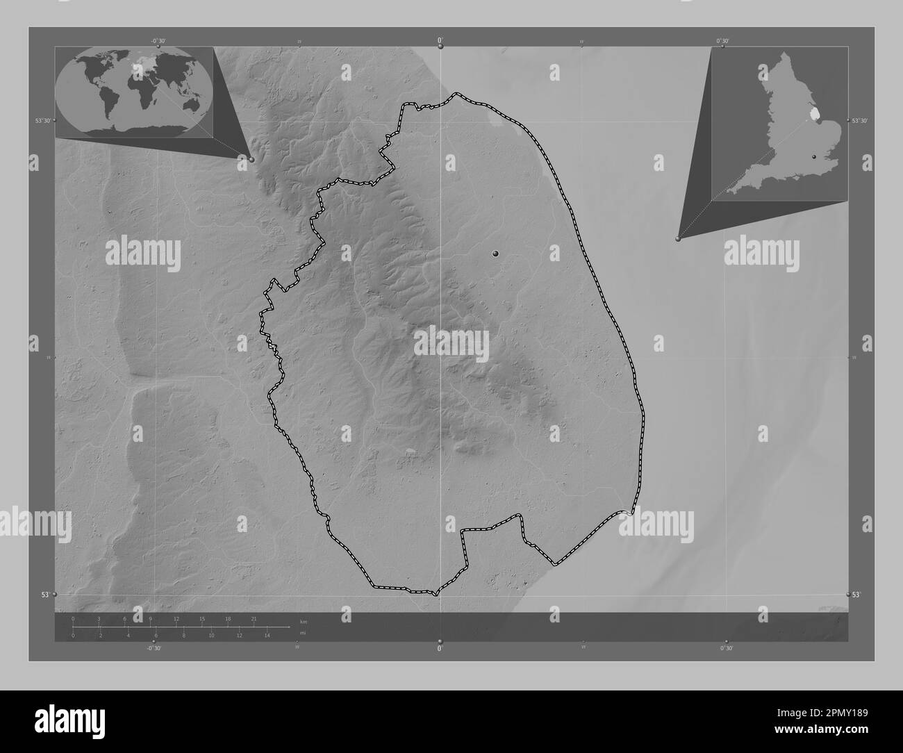 East Lindsey, non metropolitan district of England - Great Britain. Grayscale elevation map with ...