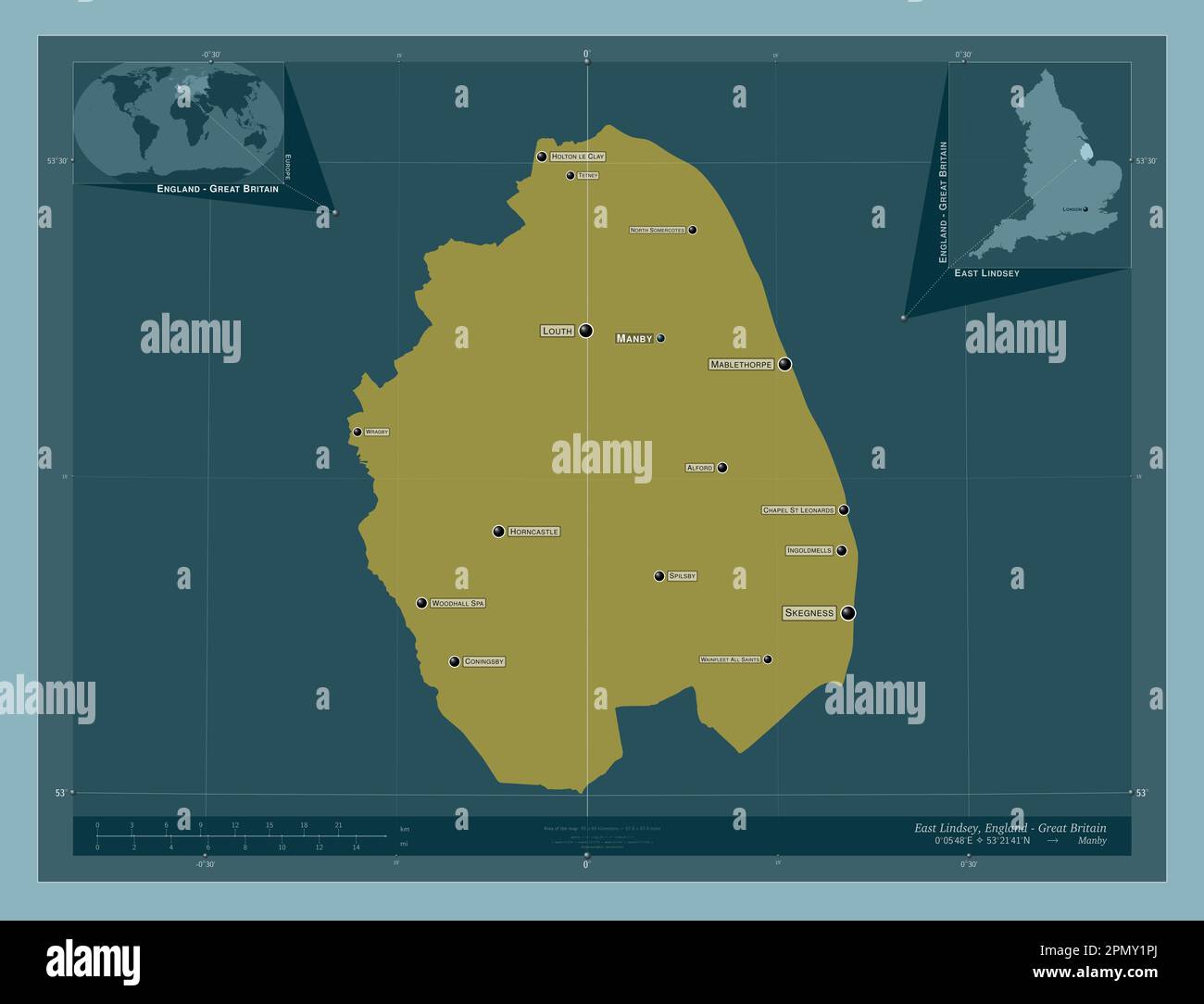 East Lindsey, non metropolitan district of England - Great Britain. Solid color shape. Locations ...