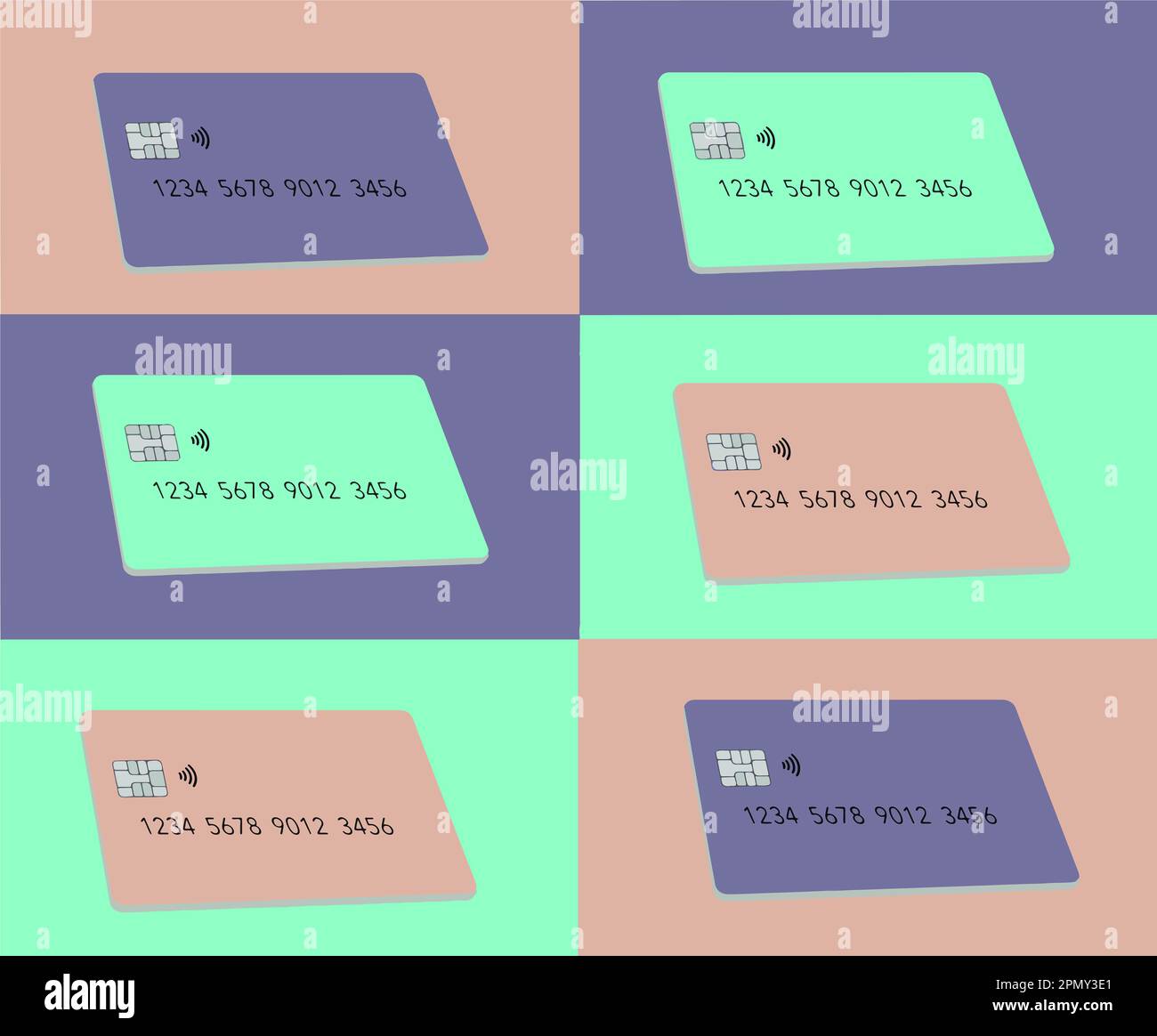Modern credit cards in pastel colors are seen on a colorful background ...