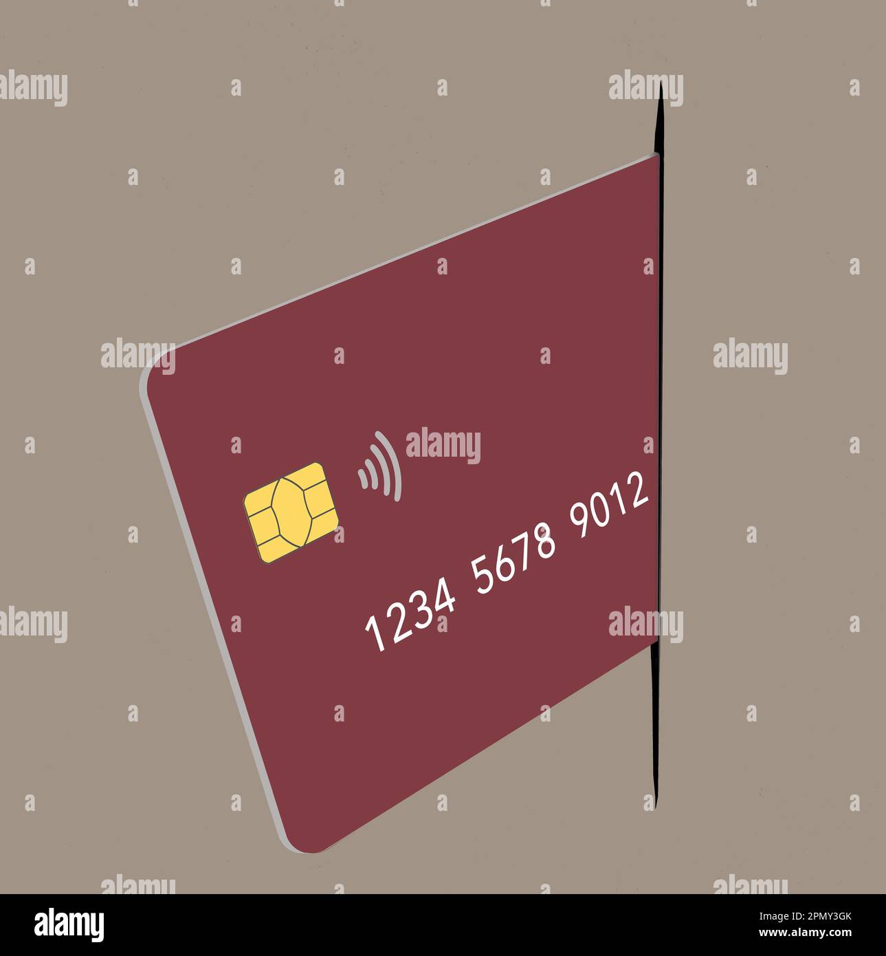 A generic blank credit card with text area is seen stuck into a slice ...