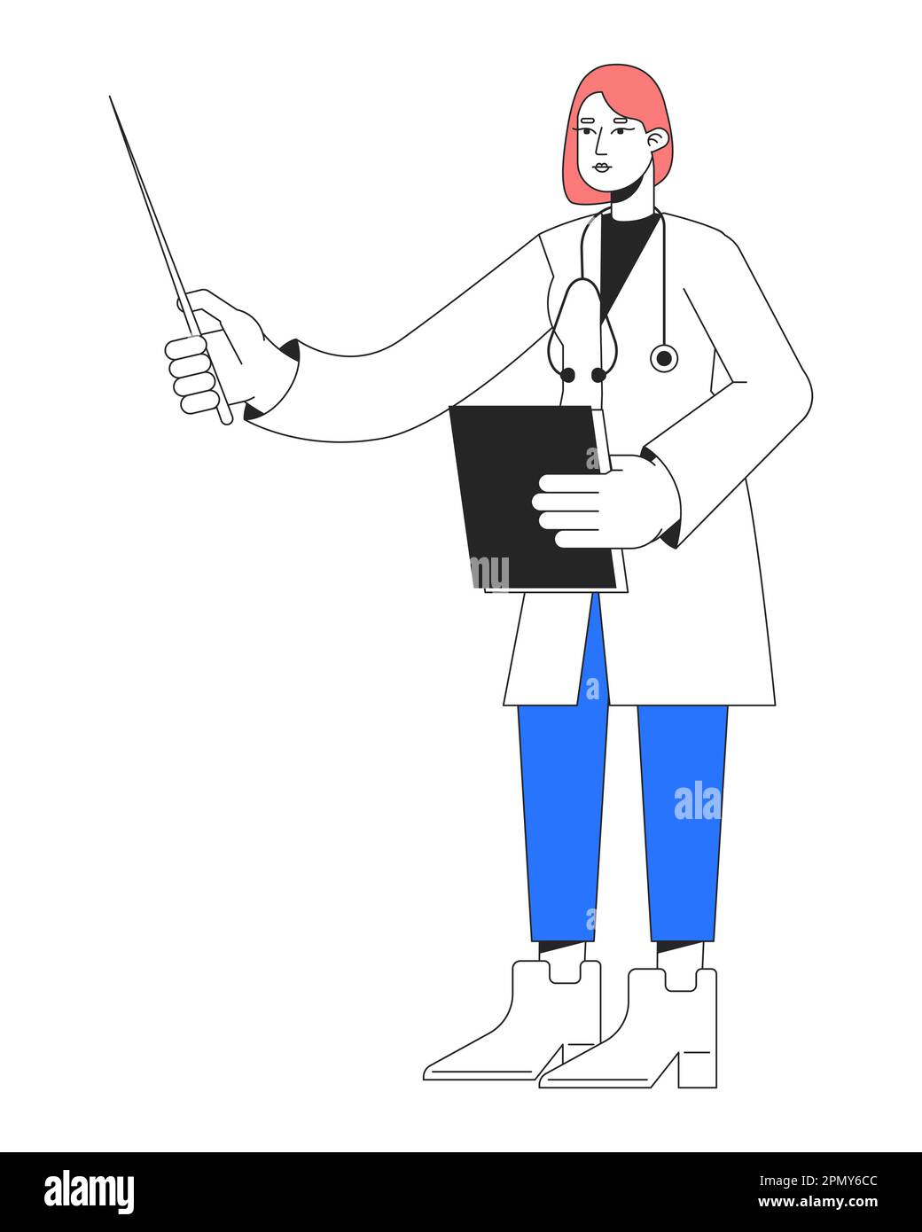 Female medical specialist holding pointer stick flat line color vector ... Female medical specialist holding pointer stick flat line color vector ...