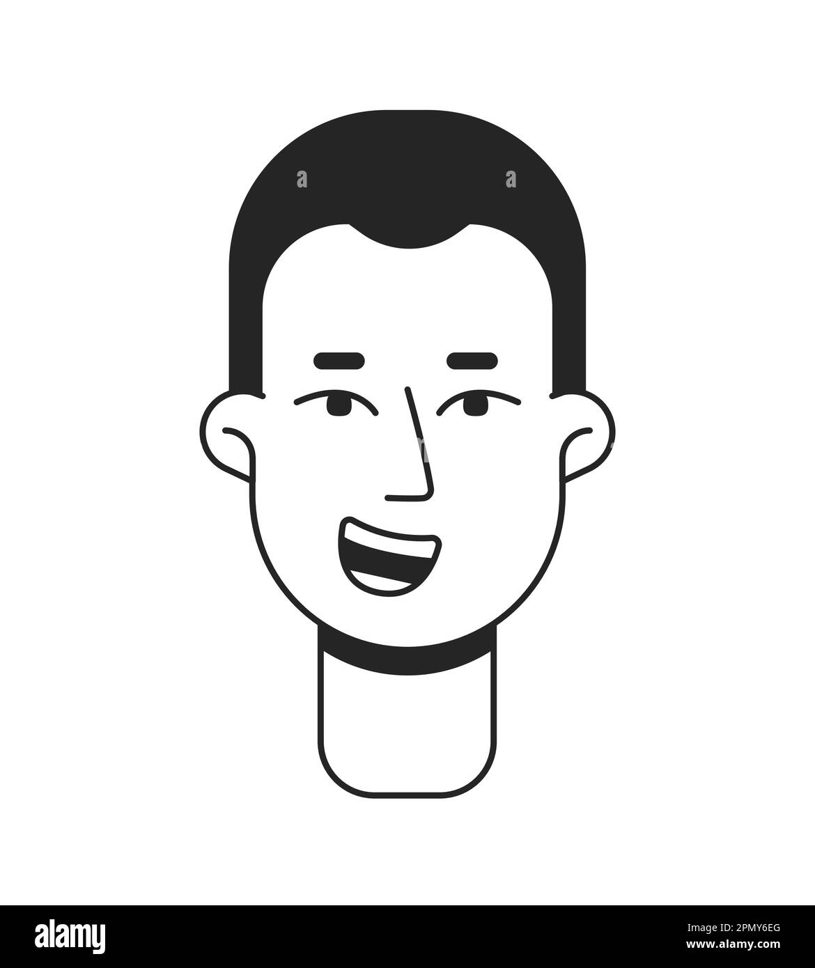 Short Haired Laughing Man Front Flat Line Monochromatic Vector