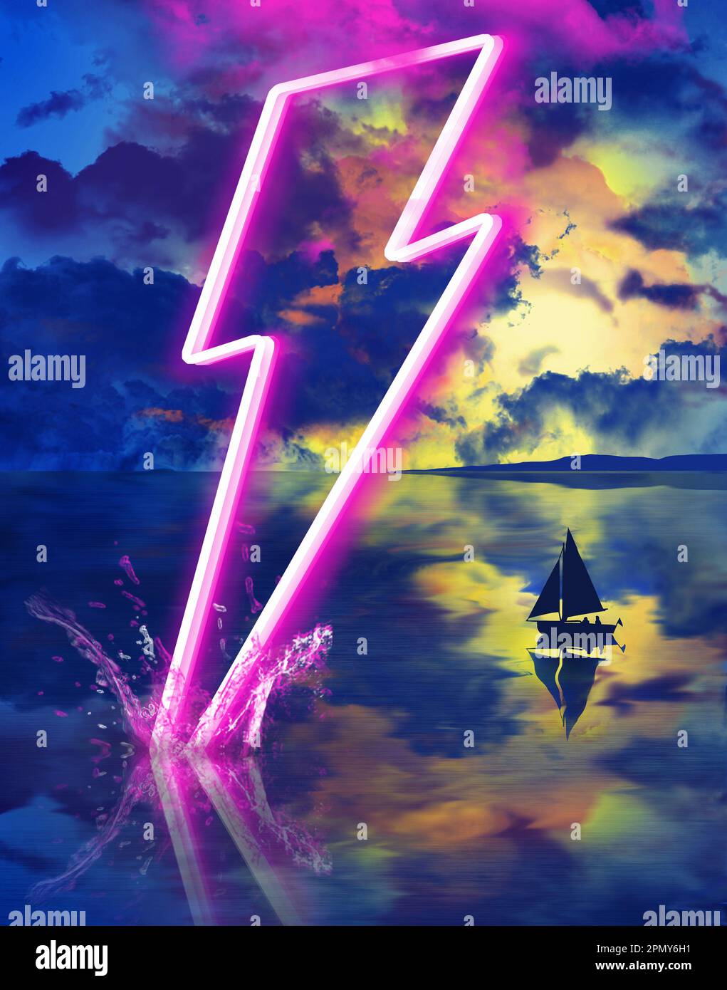 A neon bolt of lightning in front of a stormy sky and a sail boat ...