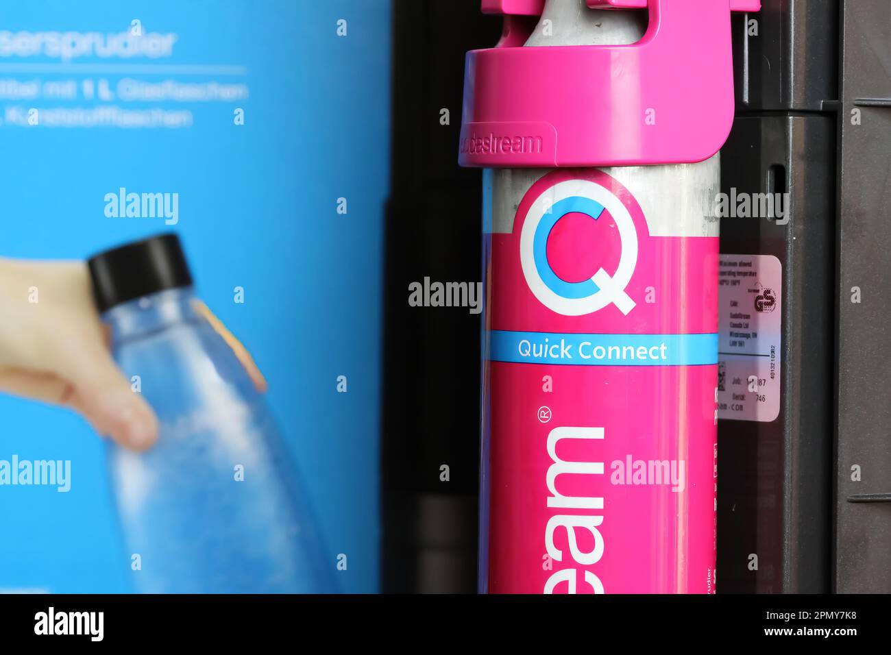 Viersen, Germany - March 9. 2023: Closeup of Sodastream sparkling water ...