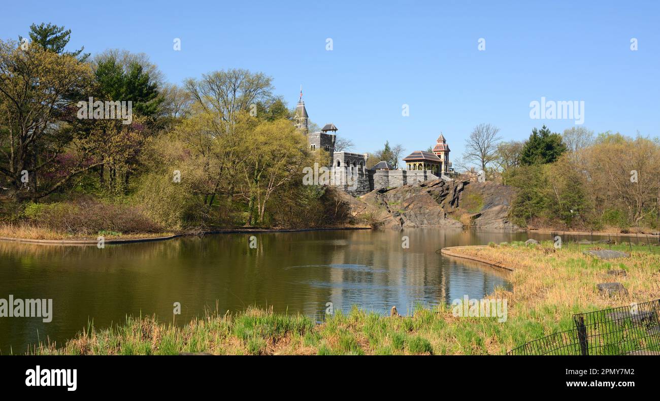 Spring in Central Park. Landscape with Turtle Pond and Belvedere Castle ...