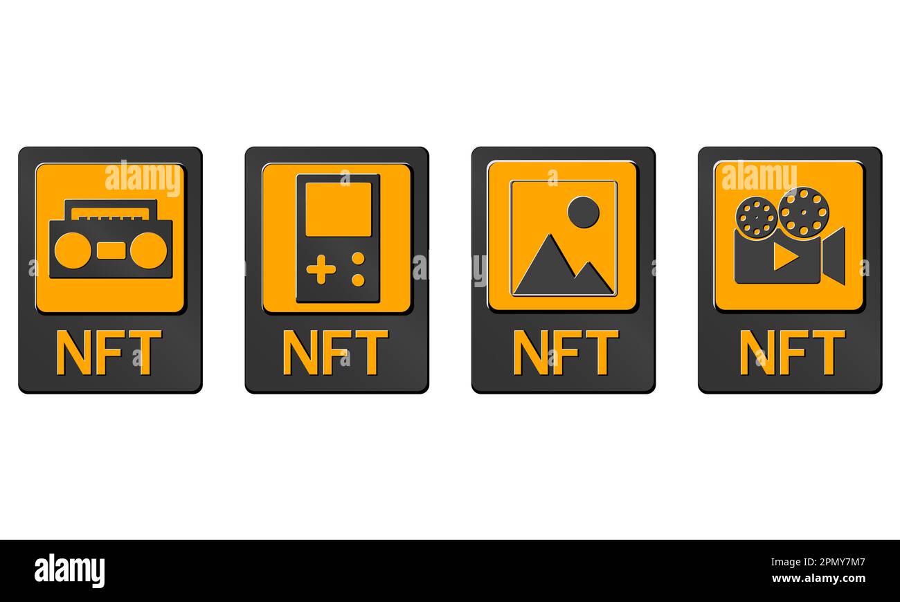 3D NFT token cards in cryptography. NFT cards with game, music, video ...