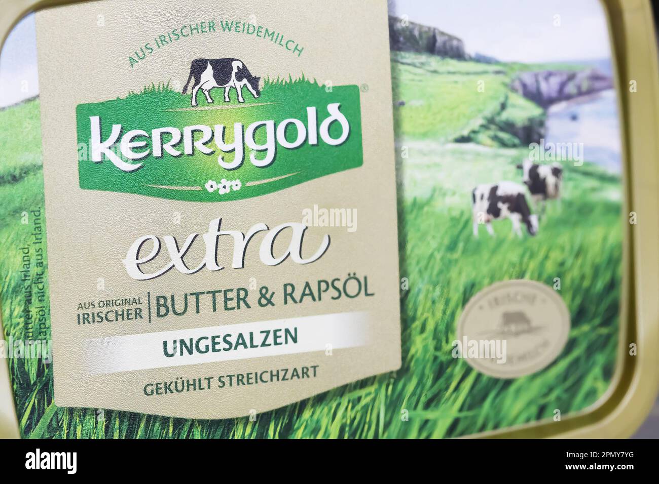 Viersen, Germany - March 9. 2023: Closeup of box Kerrygold extra butter ...