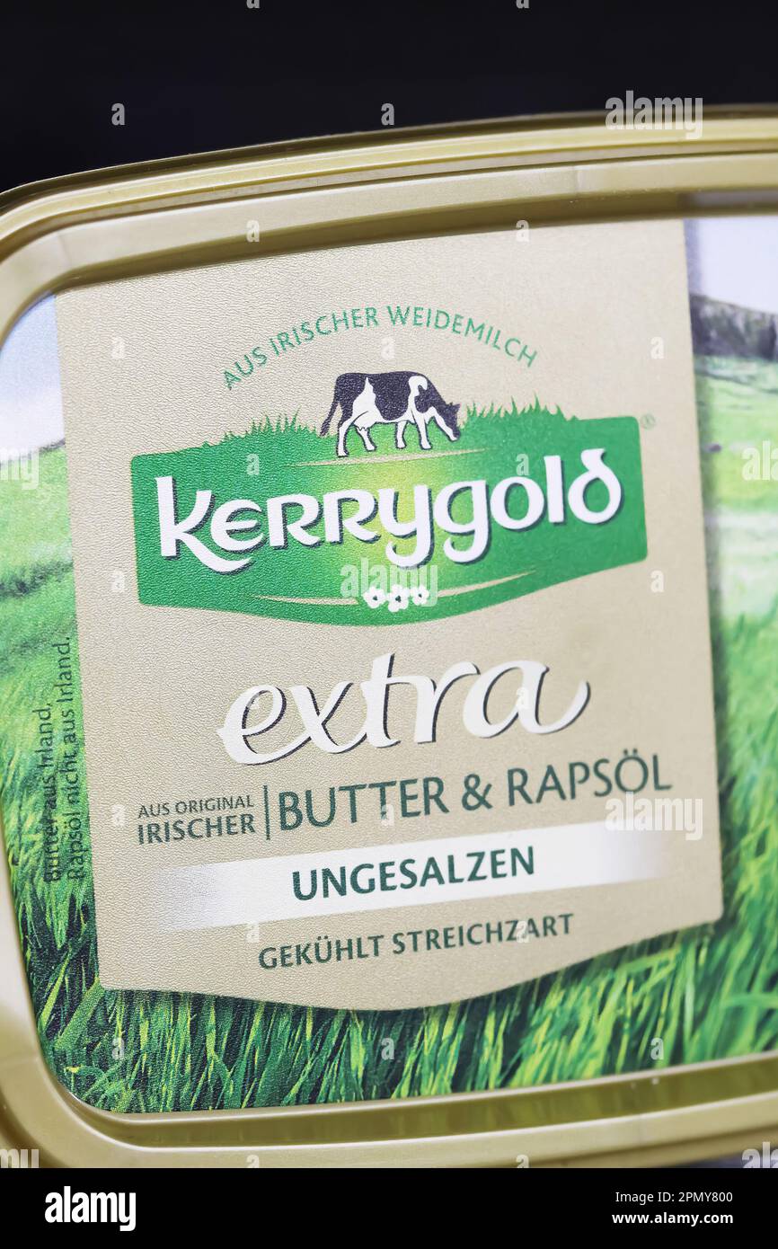 Viersen, Germany - March 9. 2023: Closeup of box Kerrygold extra butter ...