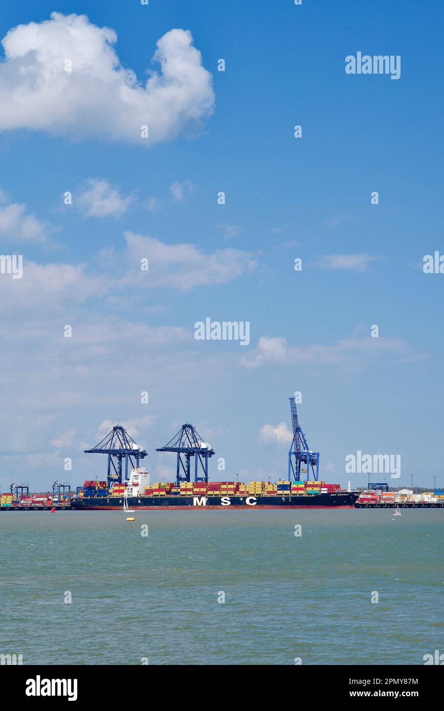 Container ship MSC Nerissa berthed at the Port of Felixstowe, Suffolk ...