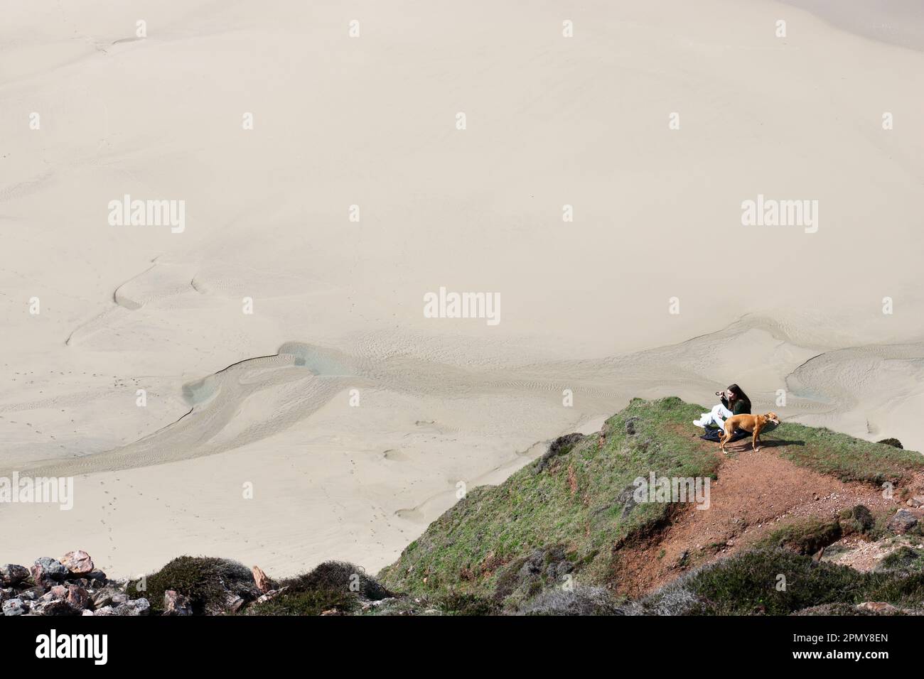 Woman and dog on cliff above the sandy beach at Wheal Coates, St. Agnes ...