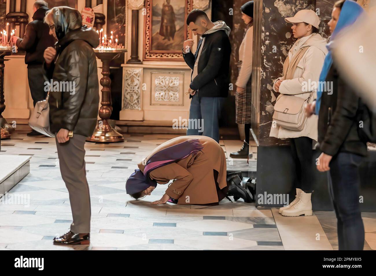 Kyiv, Ukraine. 15th Apr, 2023. Ukrainian Orthodox believers kneel ...