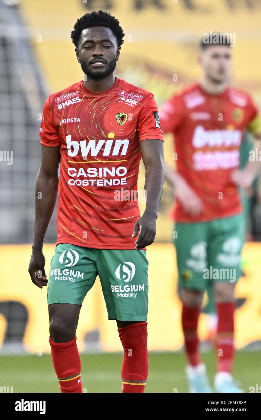 Oostende, Belgium. 15th Apr, 2023. Oostende's David Atanga looks ...