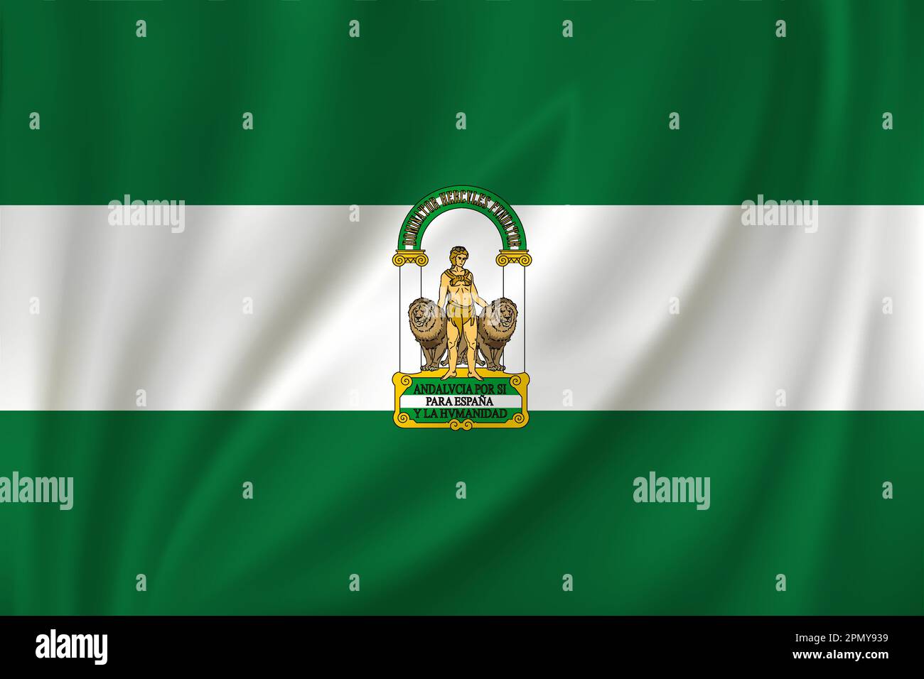 Flag of Andalusia waving in the wind on silk background. State Spain ...