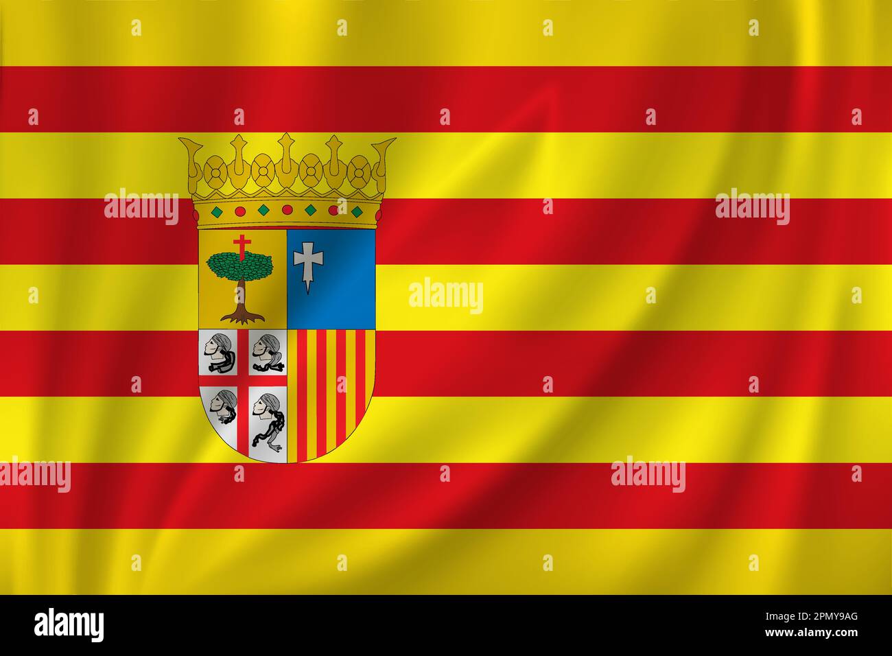 Flag of Aragon waving in the wind on silk background. State Spain Stock ...