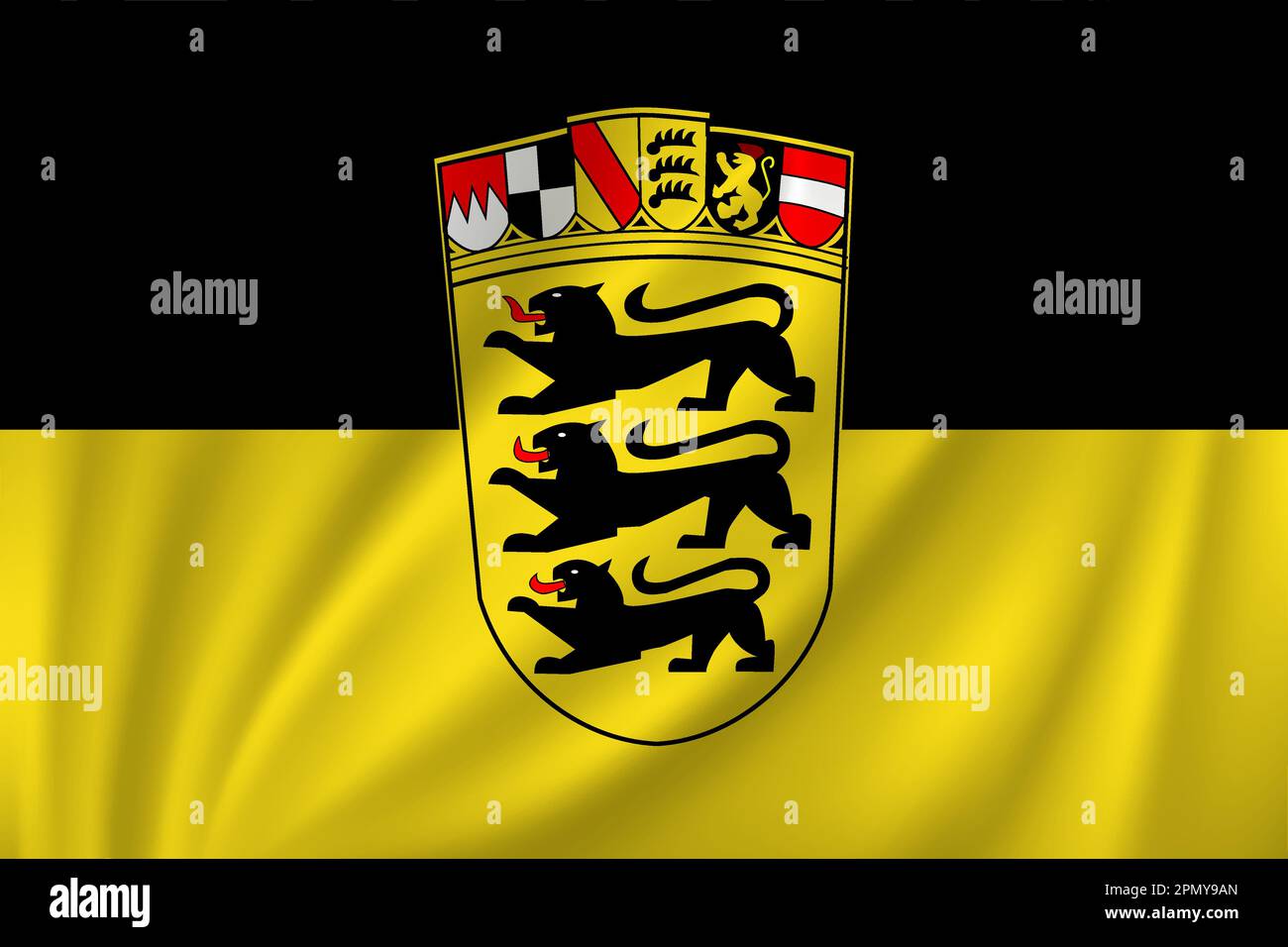 Flag of Baden-Wurttemberg waving in the wind on silk background, State ... Flag of Baden-Wurttemberg waving in the wind on silk background, State ...