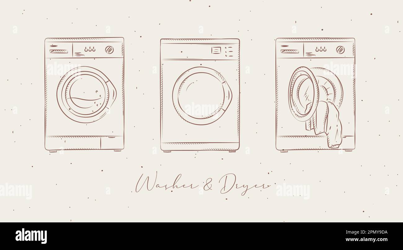 Washing machine and dryer for clean clothes drawing in graphic style on ...