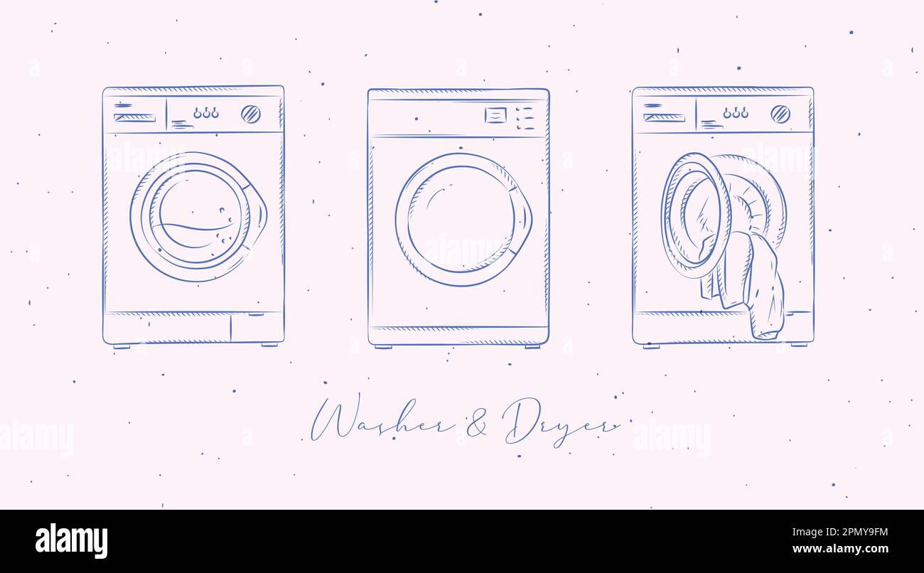 Washing machine and dryer for clean clothes drawing in graphic style on ...