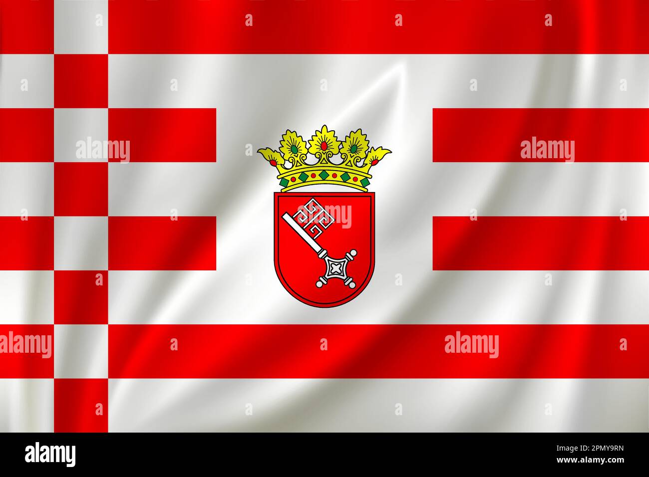 Flag of Bremen waving in the wind on silk background, State Germany ...