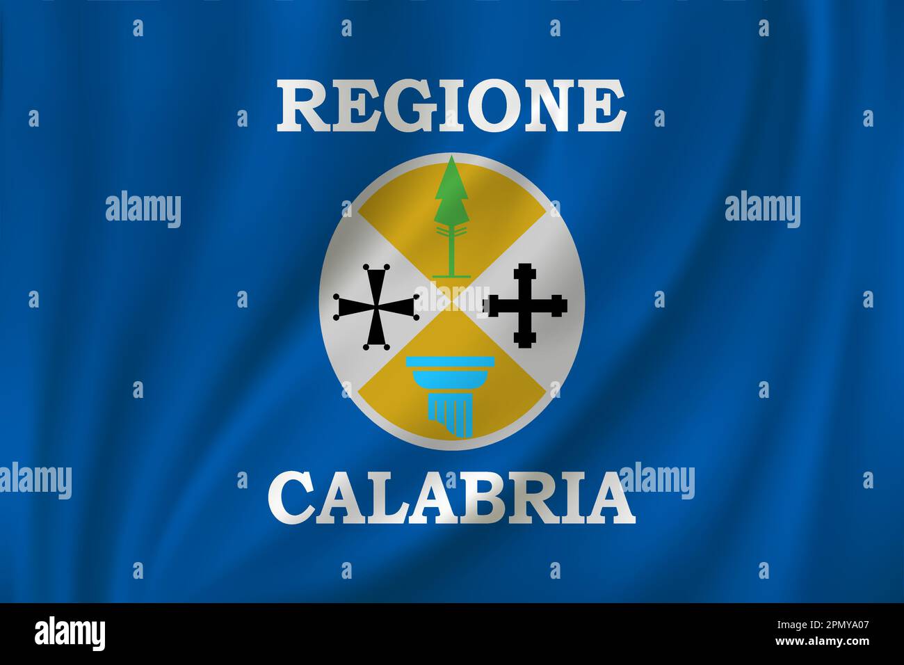 Flag of Calabria waving in the wind on silk background. State Italy ...