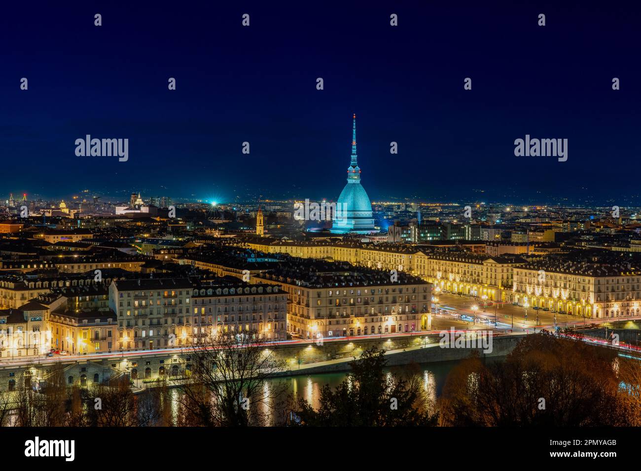 High definition night panorama of Turin, illuminated by artist Stock ...
