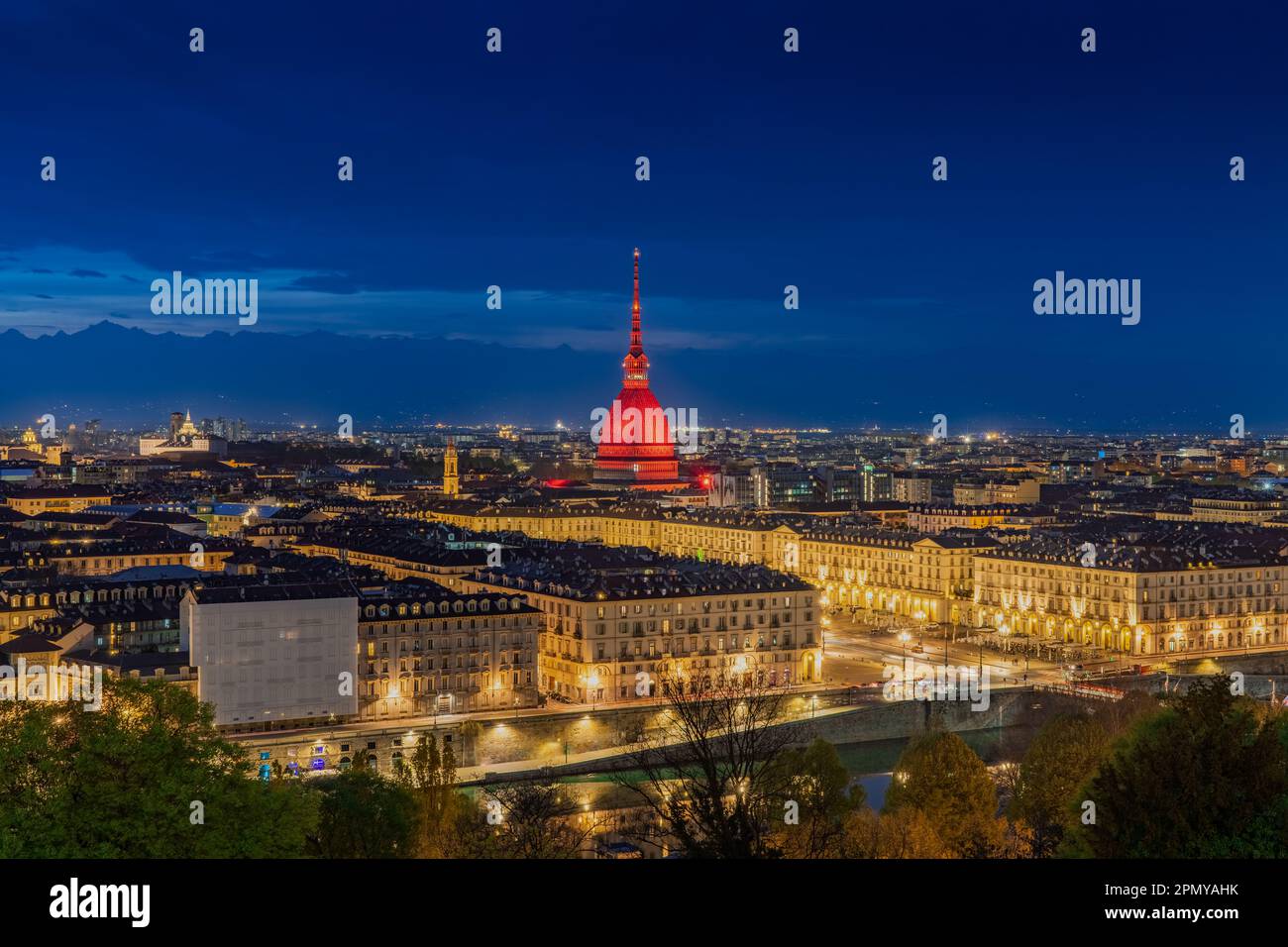 High definition night panorama of Turin, illuminated by artist lights ...
