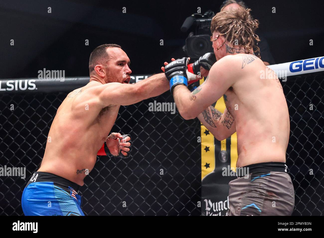 April 14, 2023: (L-R) Welterweight Zach Juusola punches Brandon Jenkins ...