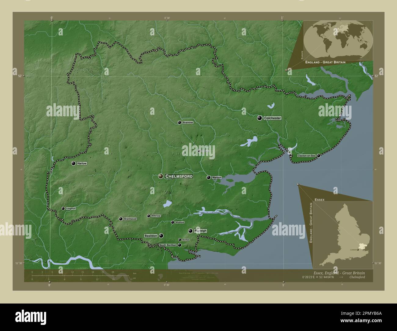Essex, administrative county of England - Great Britain. Elevation map ...