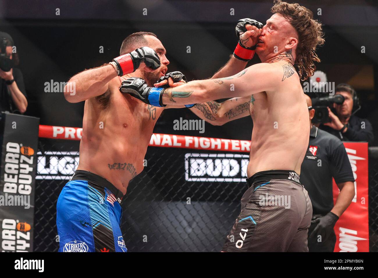 April 14, 2023: (L-R) Welterweight Zach Juusola punches Brandon Jenkins ...