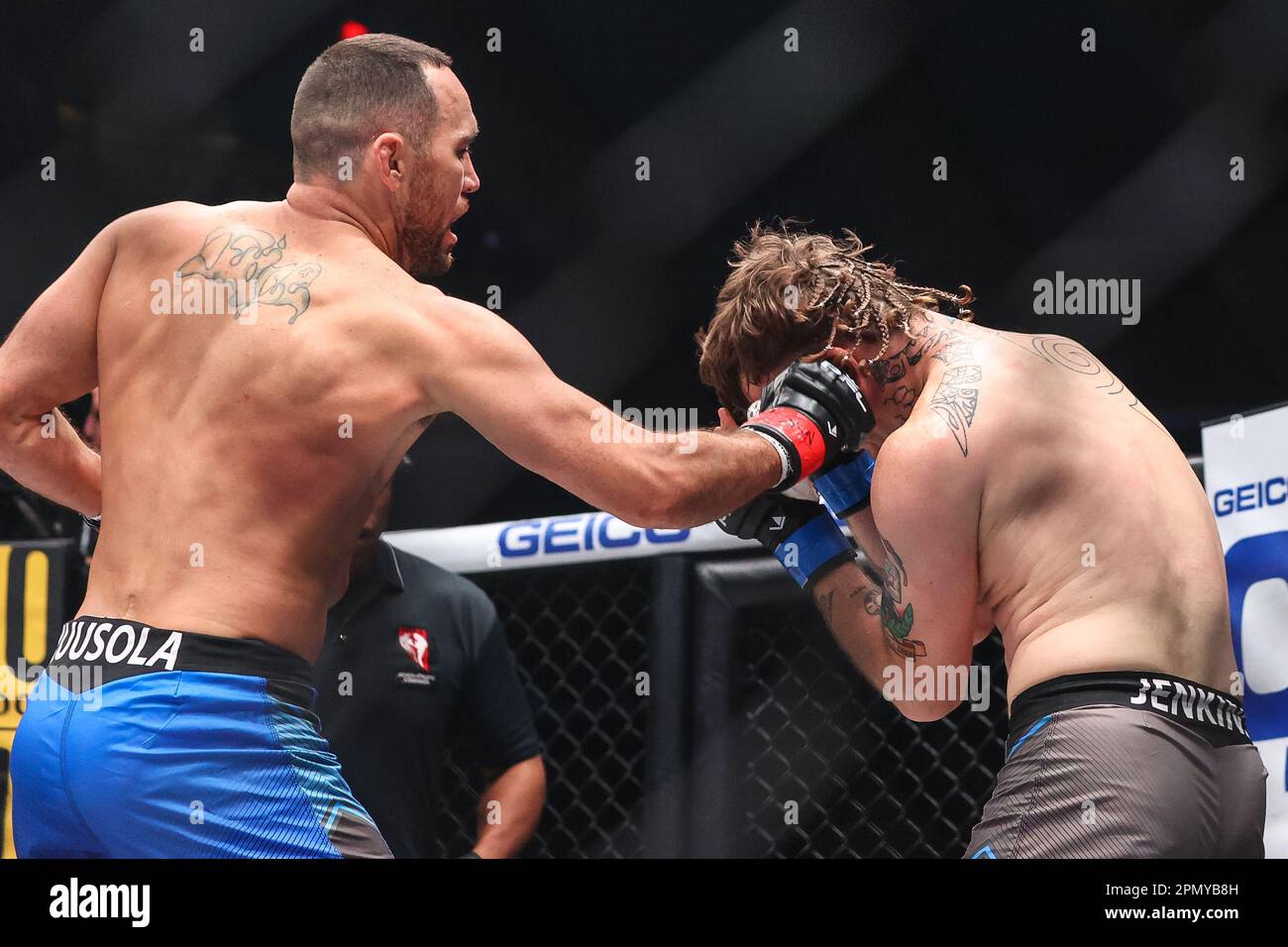 April 14, 2023: (L-R) Welterweight Zach Juusola punches Brandon Jenkins ...