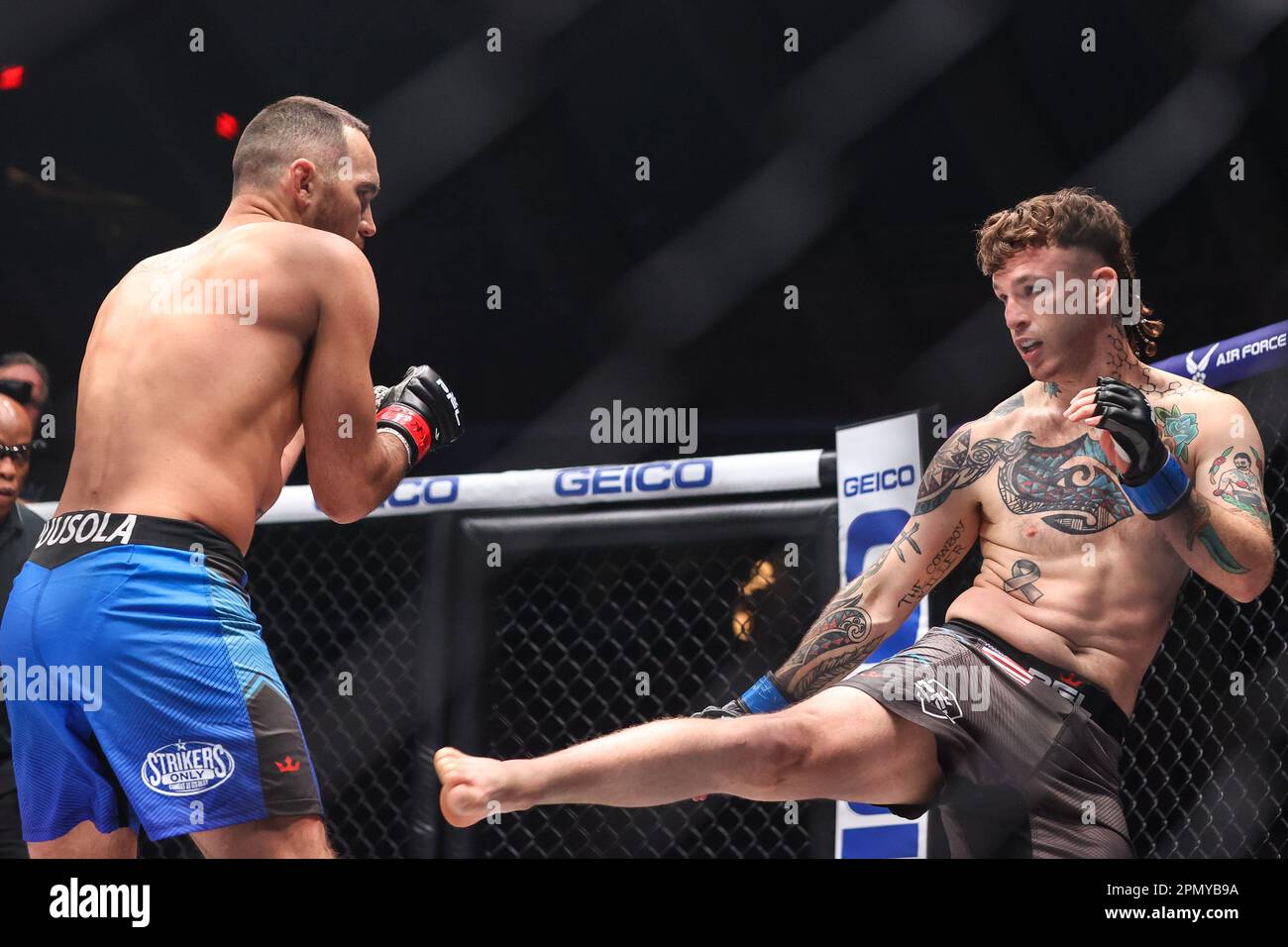 April 14, 2023: (R-L) Welterweight Brandon Jenkins kicks Zach Juusola ...