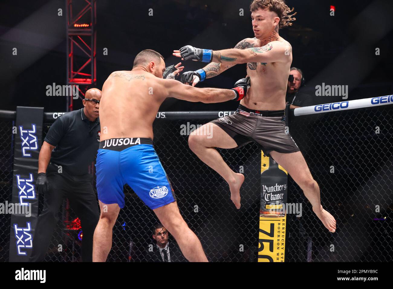 April 14, 2023: (R-L) Welterweight Brandon Jenkins throws a flying knee ...