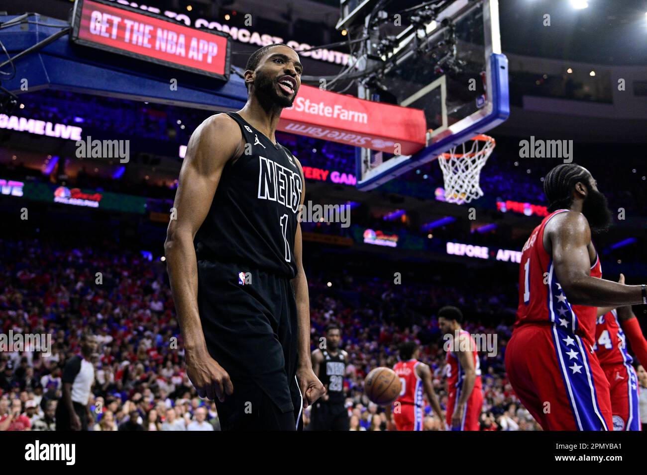 Brooklyn Nets' Mikal Bridges reacts after a basket in the first half ...