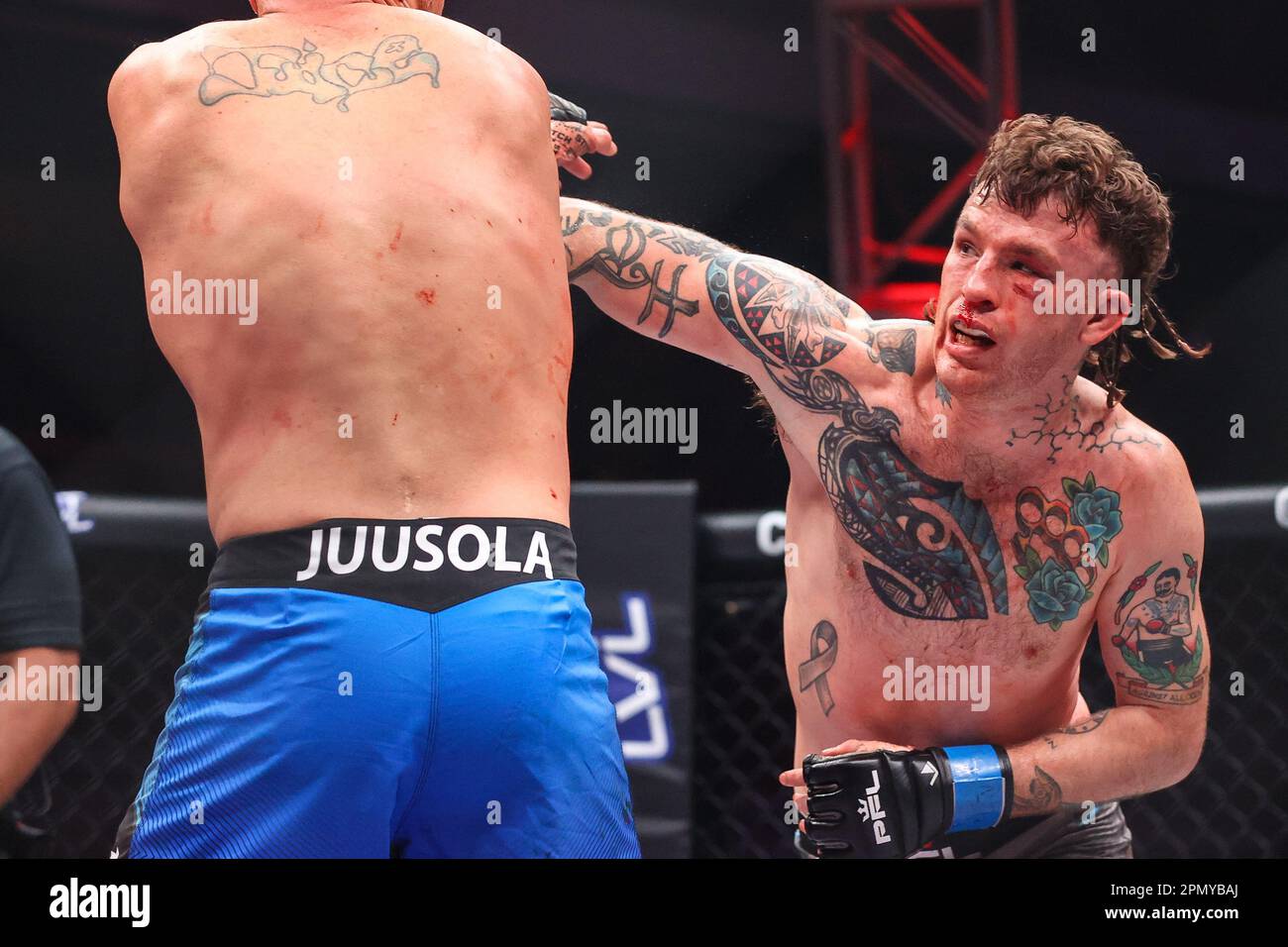 April 14, 2023: (R-L) Welterweight Brandon Jenkins punches Zach Juusola ...