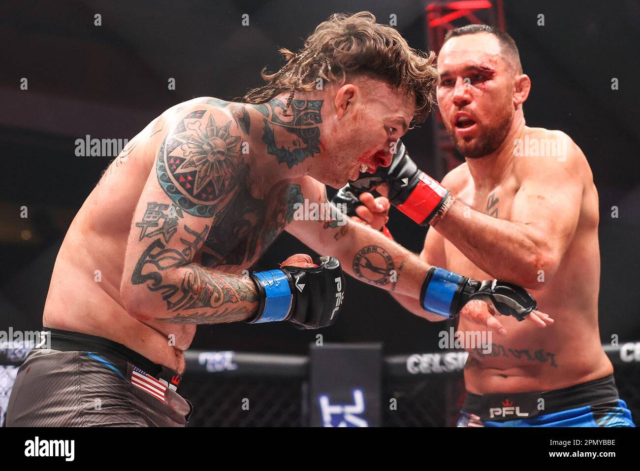 April 14, 2023: (R-L) Welterweight Zach Juusola punches Brandon Jenkins ...