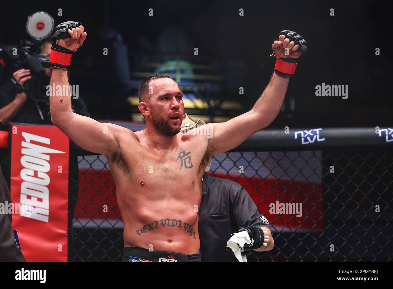Las Vegas, NV, USA. 14th Apr, 2023. Welterweight Zach Juusola raises ...