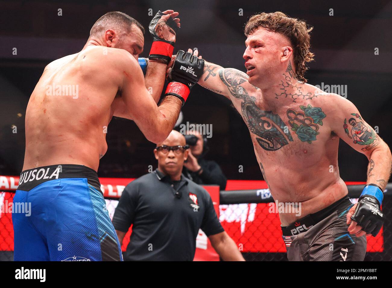 April 14, 2023: (R-L) Welterweight Brandon Jenkins punches Zach Juusola ...