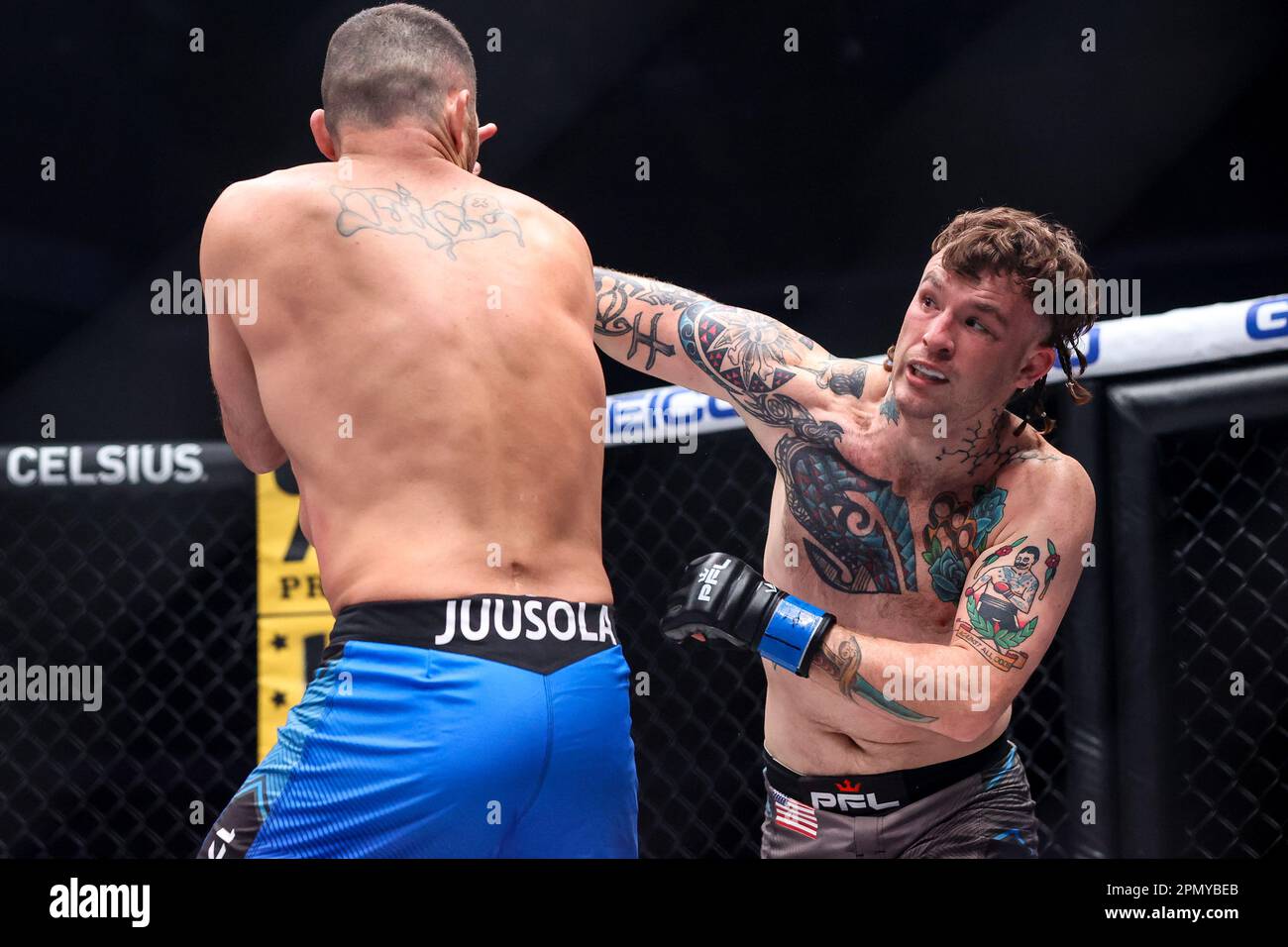 April 14, 2023: (R-L) Welterweight Brandon Jenkins punches Zach Juusola ...