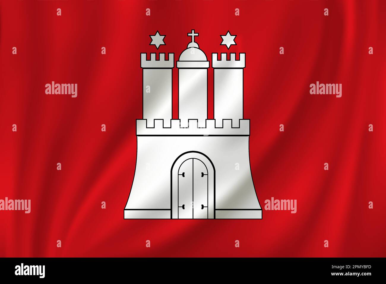 Flag of Hamburg waving in the wind on silk background, State Germany ...