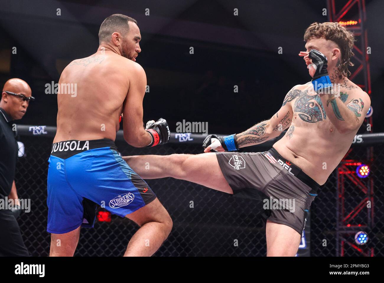 April 14, 2023: (R-L) Welterweight Brandon Jenkins kicks Zach Juusola ...