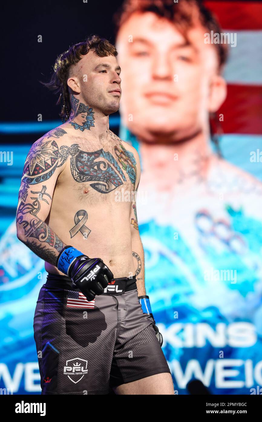 Las Vegas, NV, USA. 14th Apr, 2023. Welterweight Brandon Jenkins walks ...
