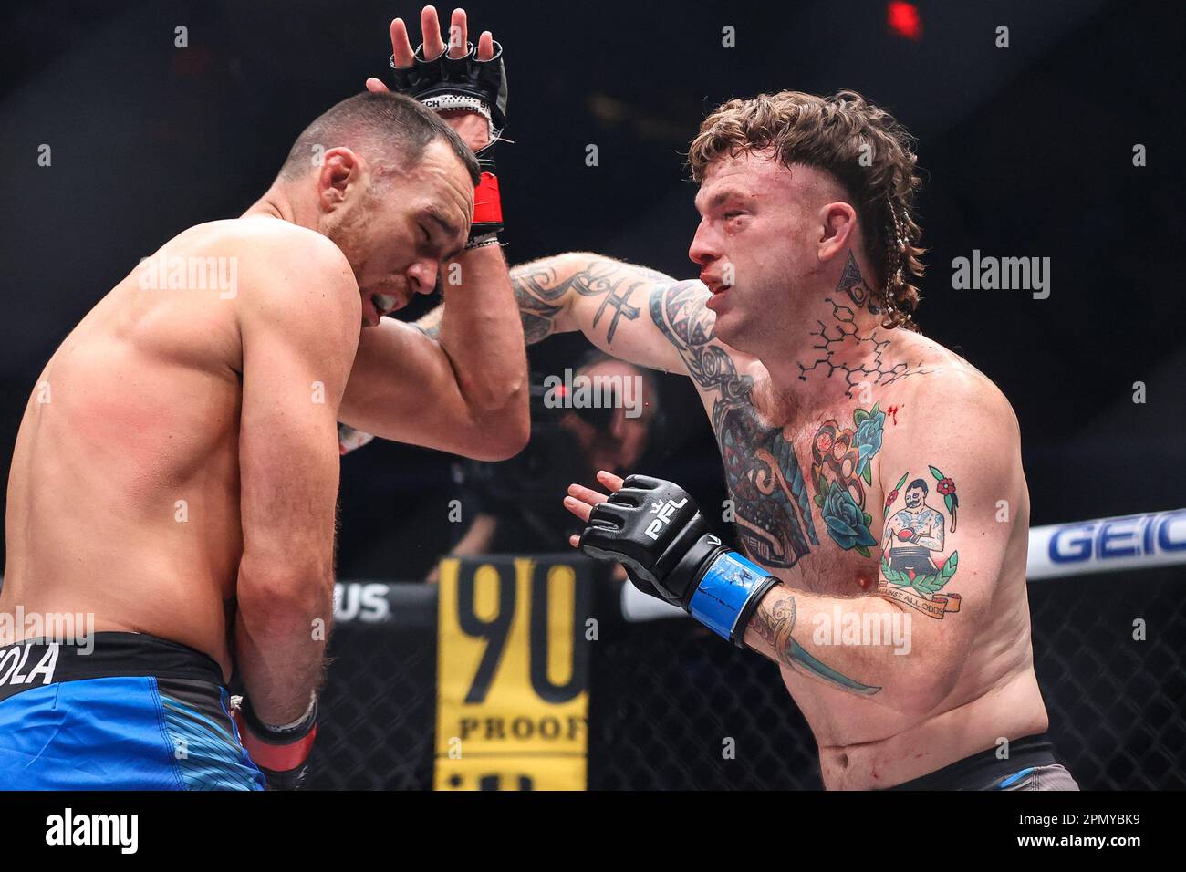 April 14, 2023: (R-L) Welterweight Brandon Jenkins punches Zach Juusola ...