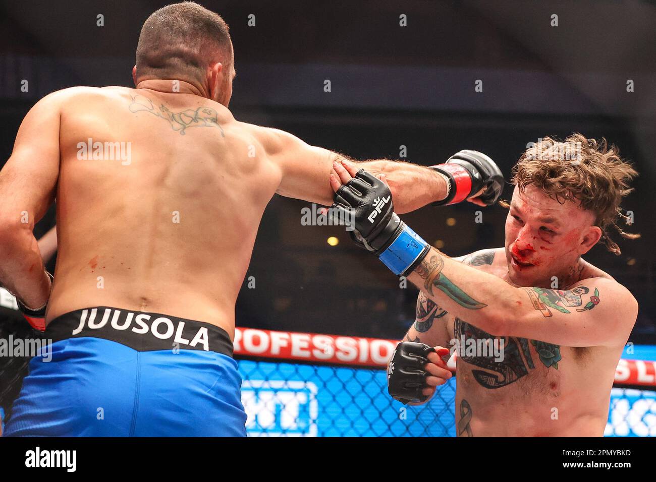April 14, 2023: (R-L) Welterweight Brandon Jenkins avoids a punch ...