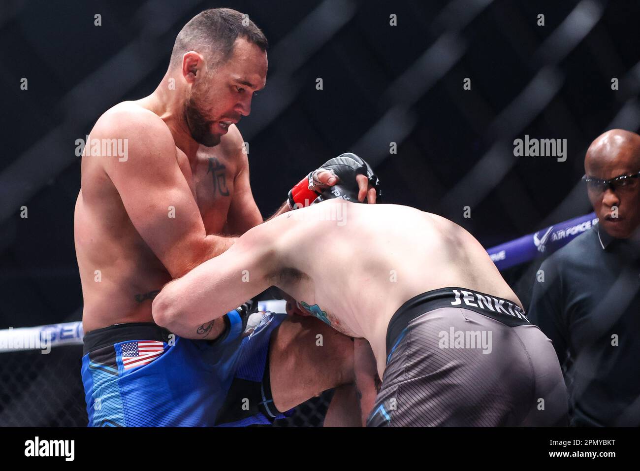 April 14, 2023: (L-R) Welterweight Zach Juusola knees Brandon Jenkins ...