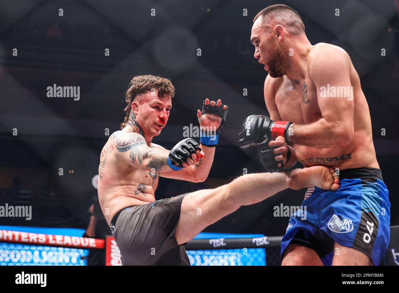 April 14, 2023: (L-R) Welterweight Brandon Jenkins kicks Zach Juusola ...