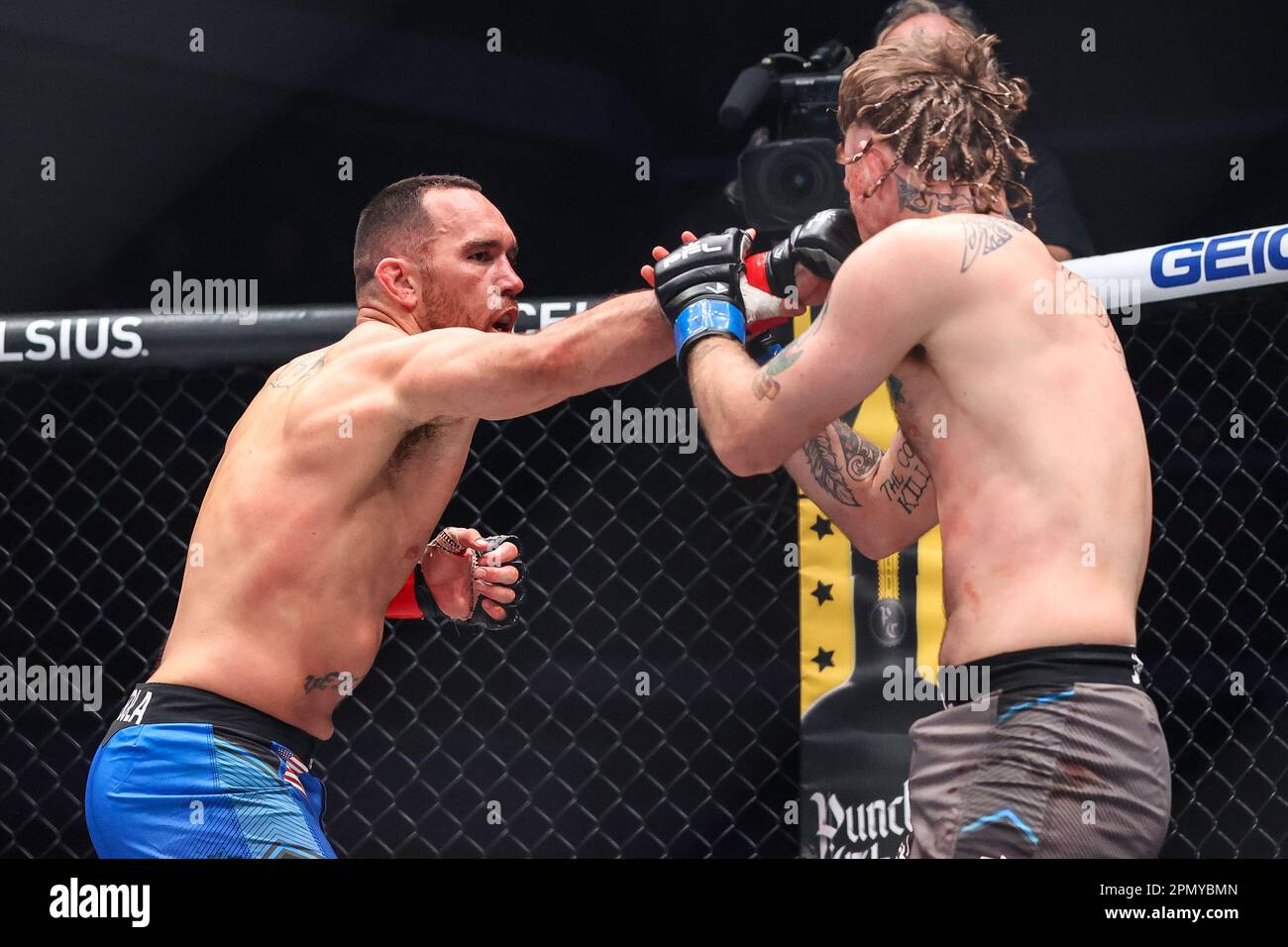 April 14, 2023: (L-R) Welterweight Zach Juusola punches Brandon Jenkins ...
